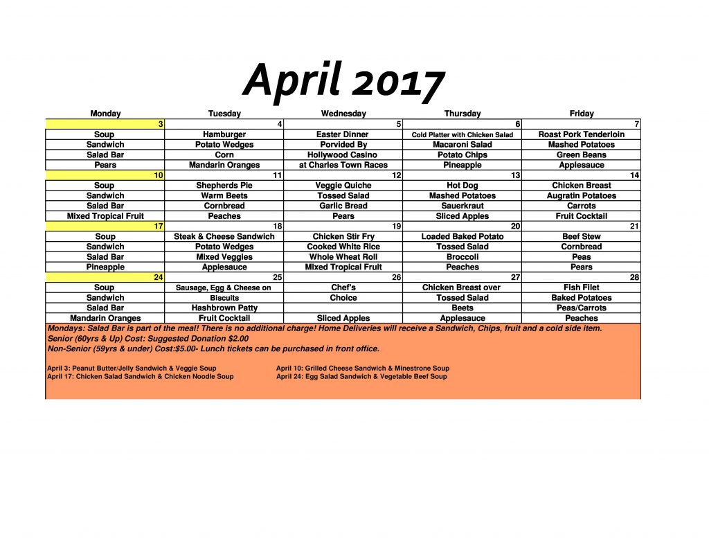 Nutrition Menu : JCCOA Anna Mae Reedy Senior Center